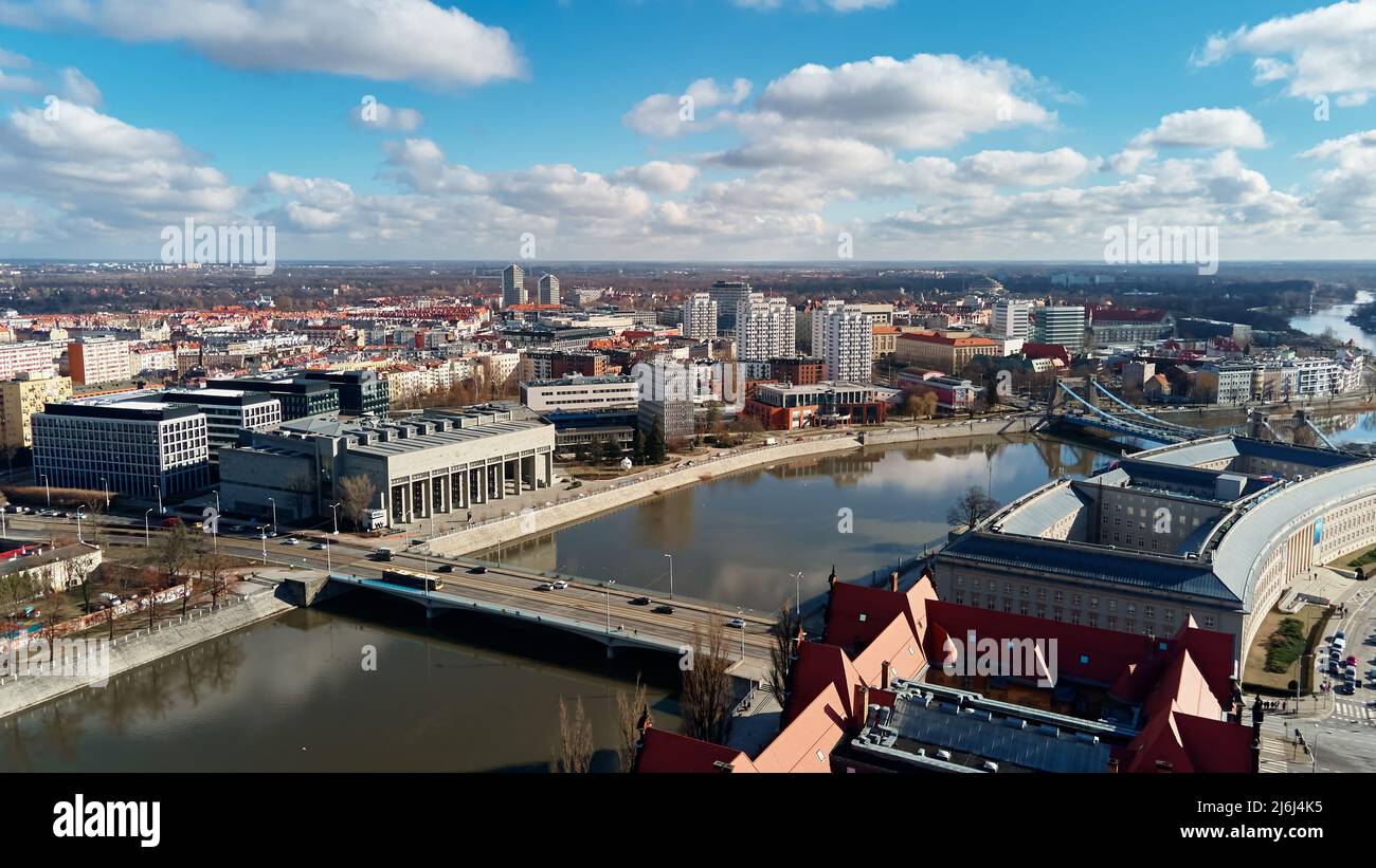 Wroclaw panorama with car bridge over Odra river, aerial view Stock ...