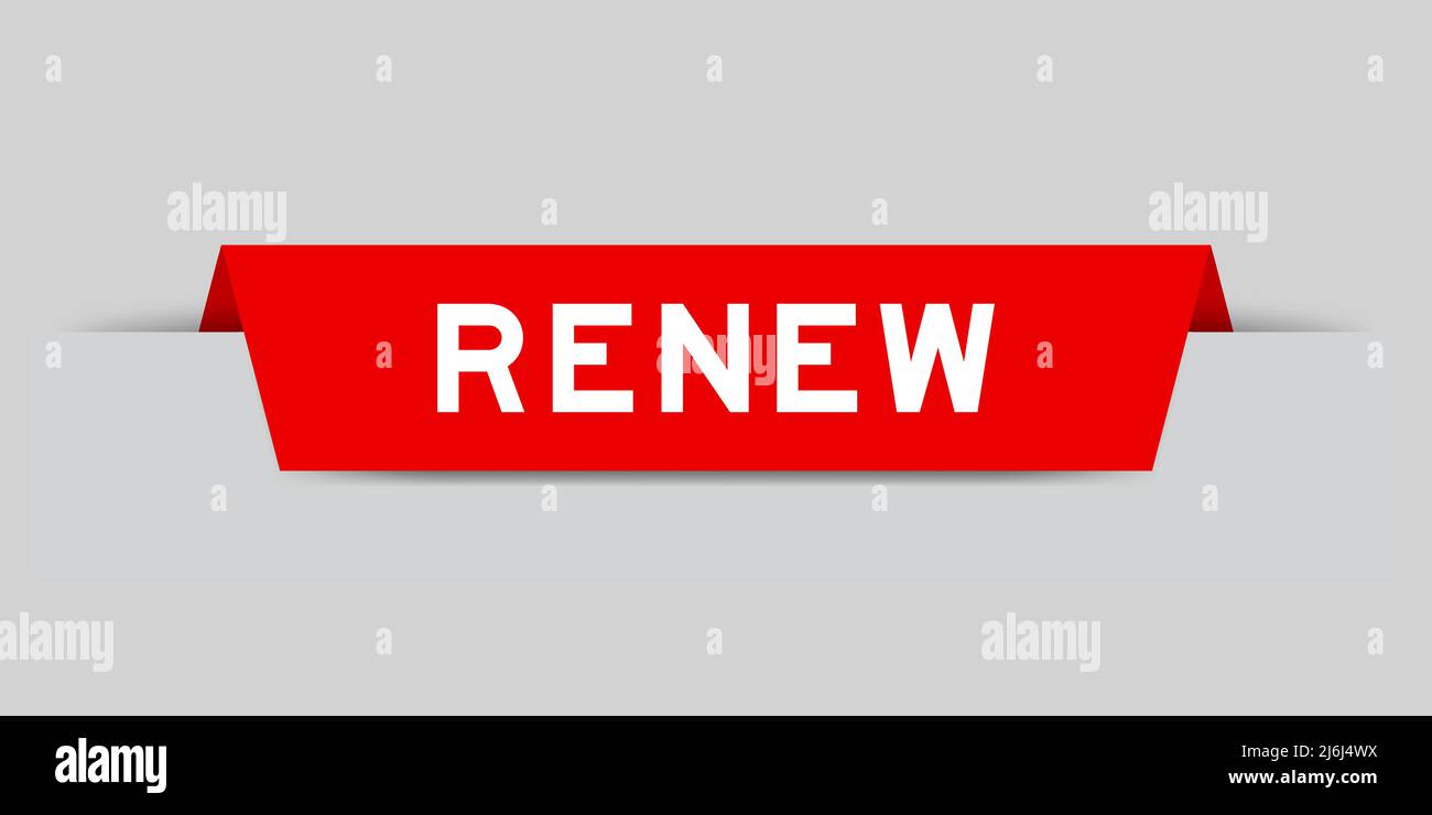 Red color inserted label with word renew on gray background Stock ...