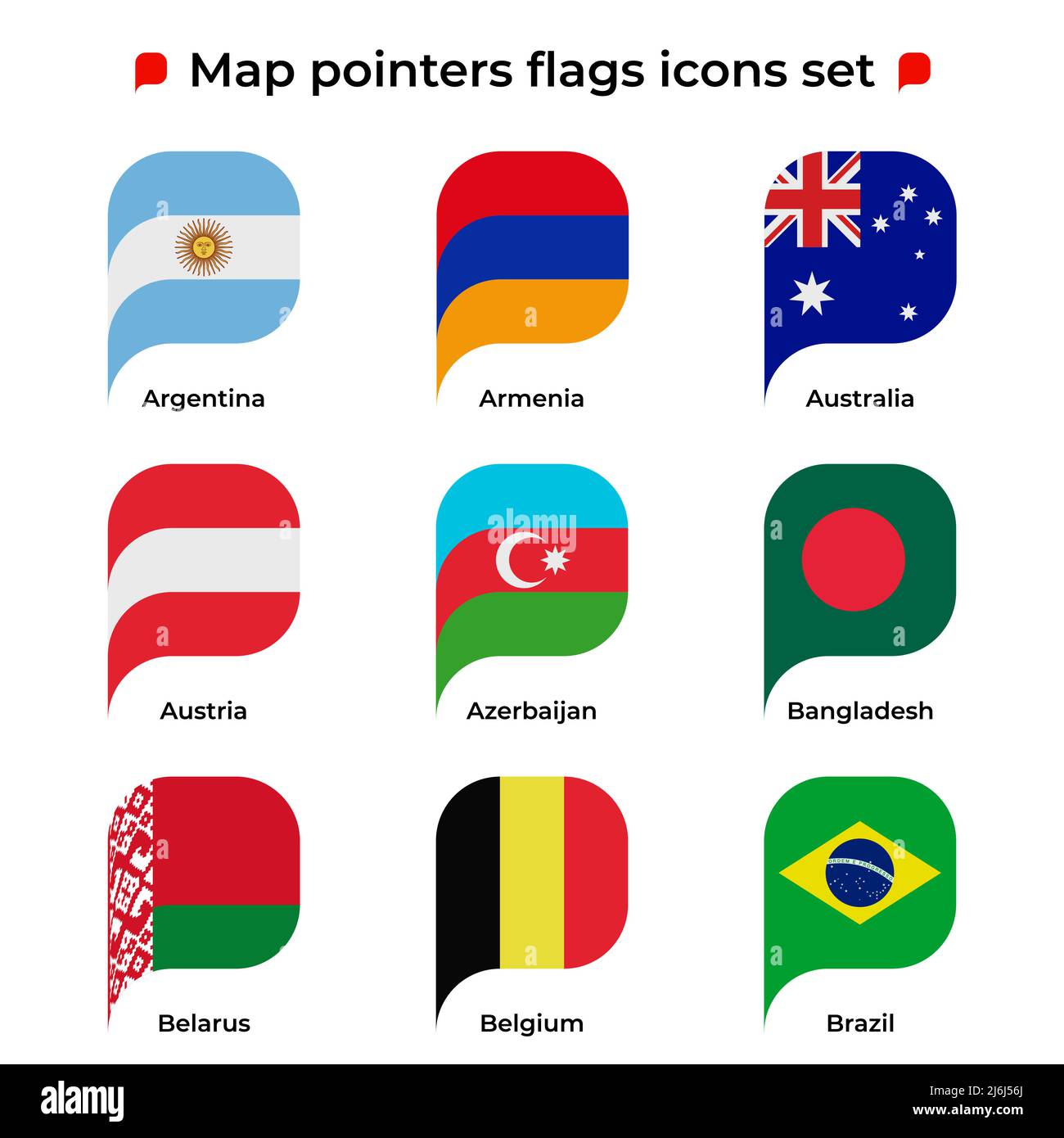 Map pointers flags icons set. Flag icon in simple rectangular pointer shape. Vector icon, symbol ...