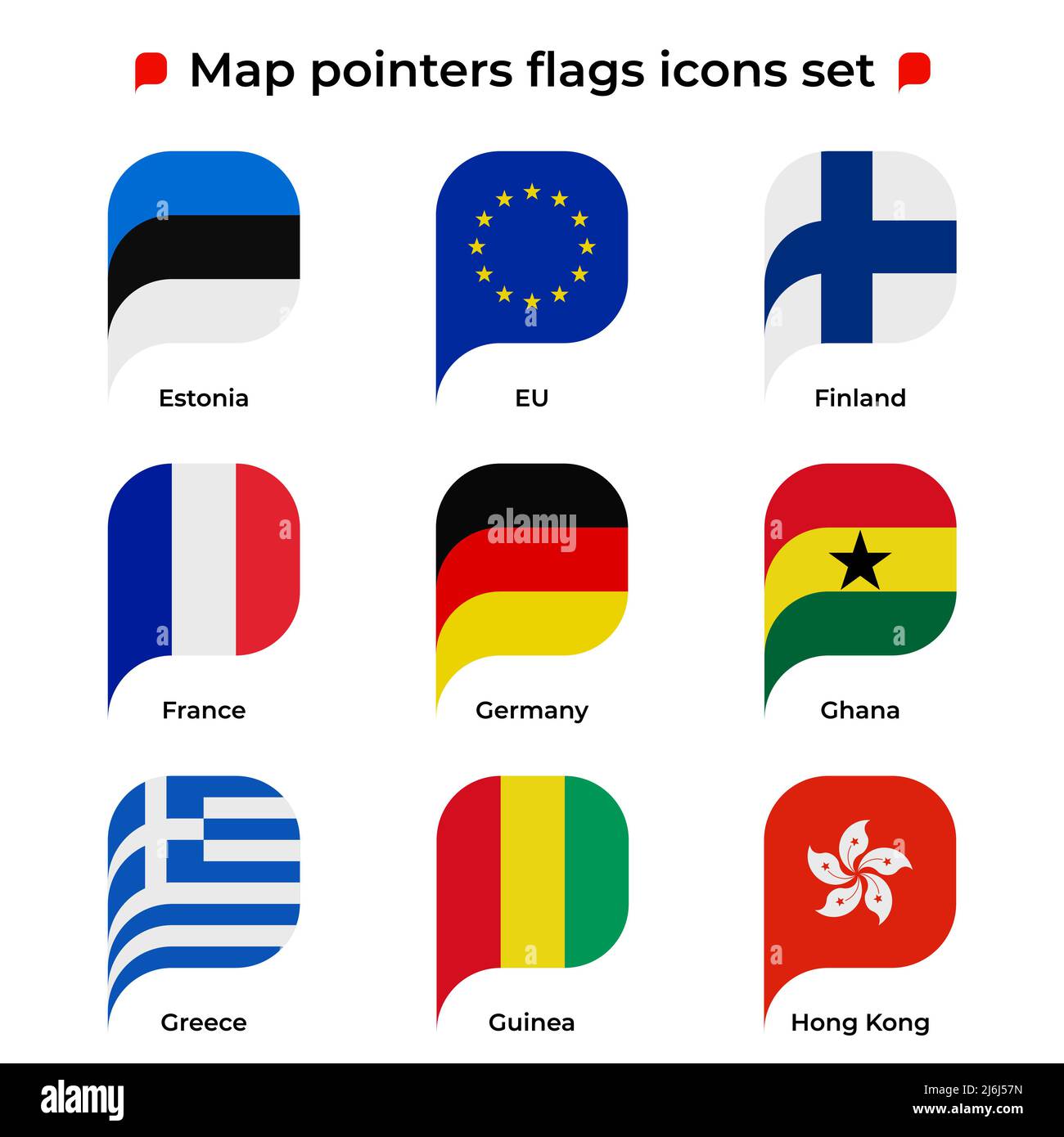 Map pointers flags icons set. Flag icon in simple rectangular pointer shape. Vector icon, symbol ...