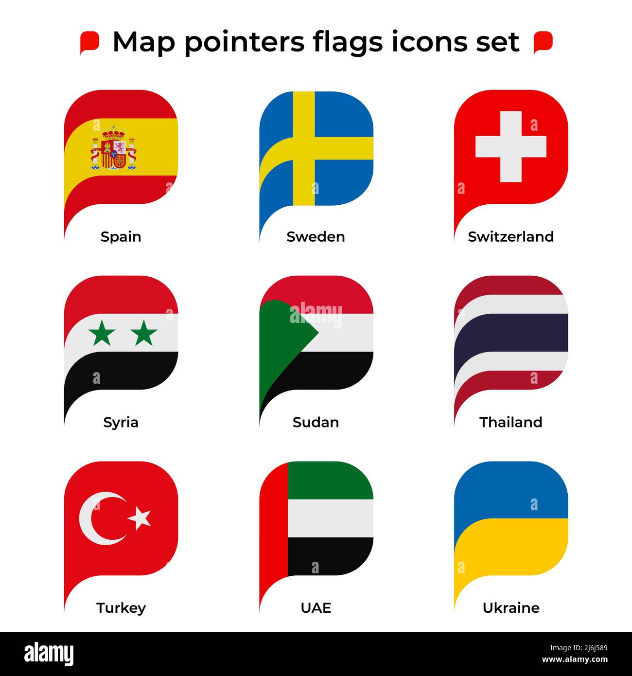 Map pointers flags icons set. Flag icon in simple rectangular pointer shape. Vector icon, symbol ...