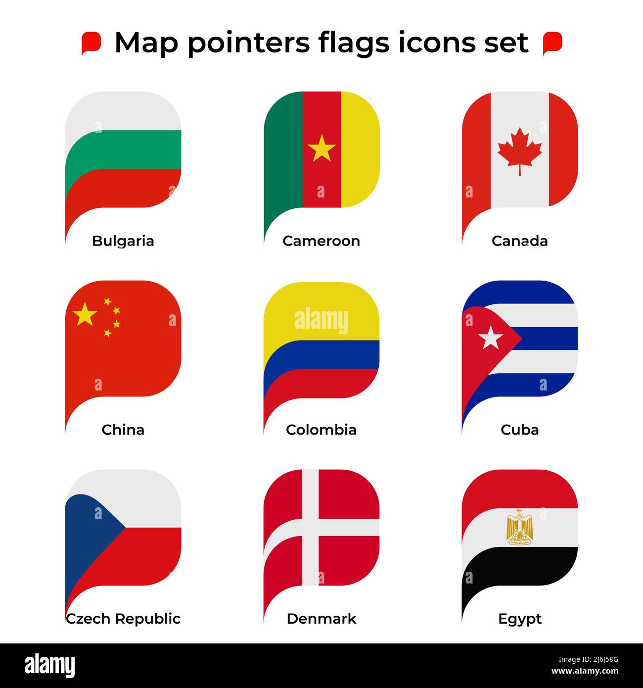 Map pointers flags icons set. Flag icon in simple rectangular pointer shape. Vector icon, symbol ...