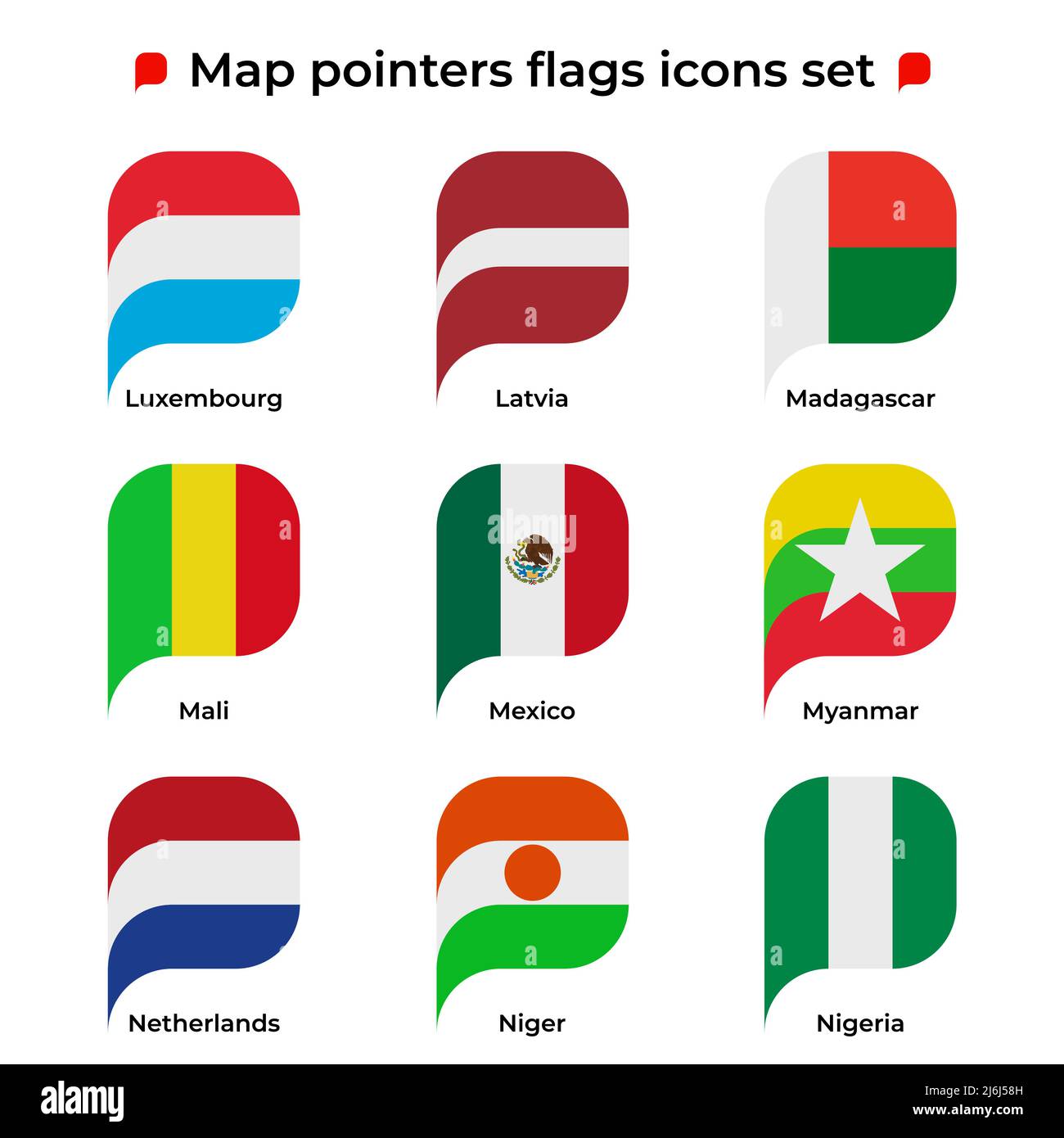Map pointers flags icons set. Flag icon in simple rectangular pointer shape. Vector icon, symbol ...