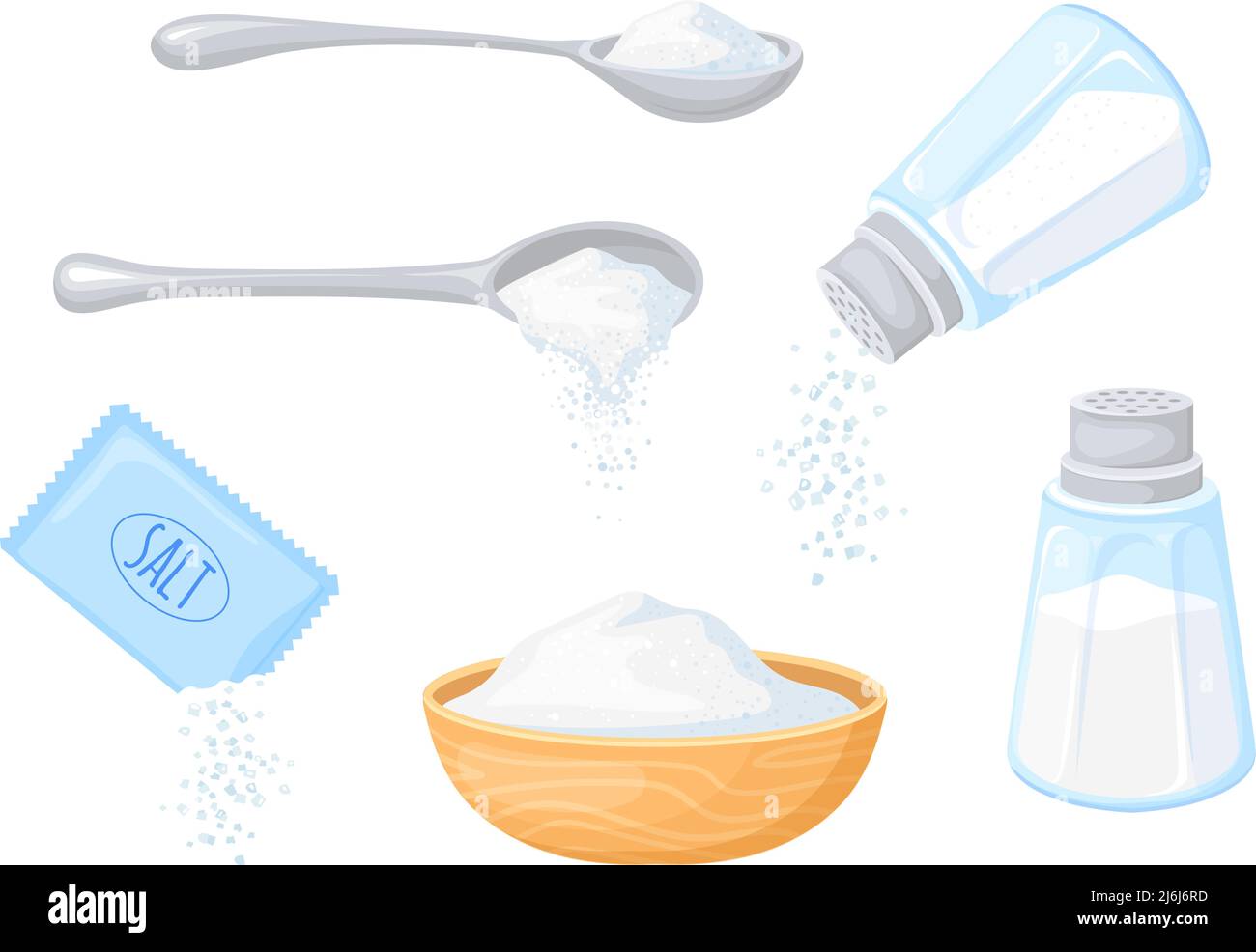 Cartoon pouring salt. Spoonful glass saltshaker, sodium foods ...
