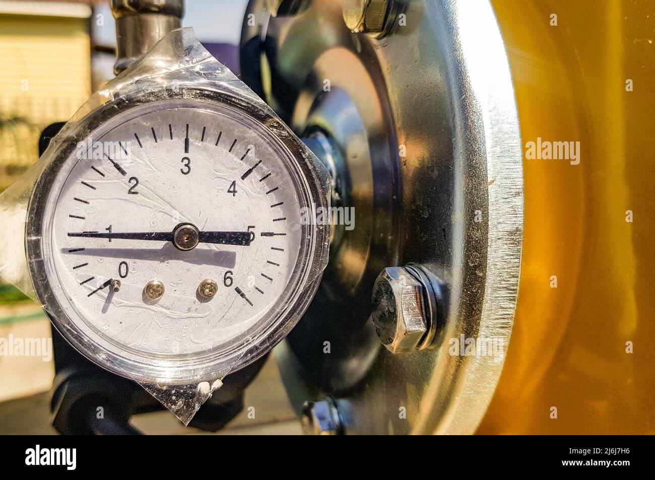 Close-up of a pressure gauge for measuring installed in water or gas ...