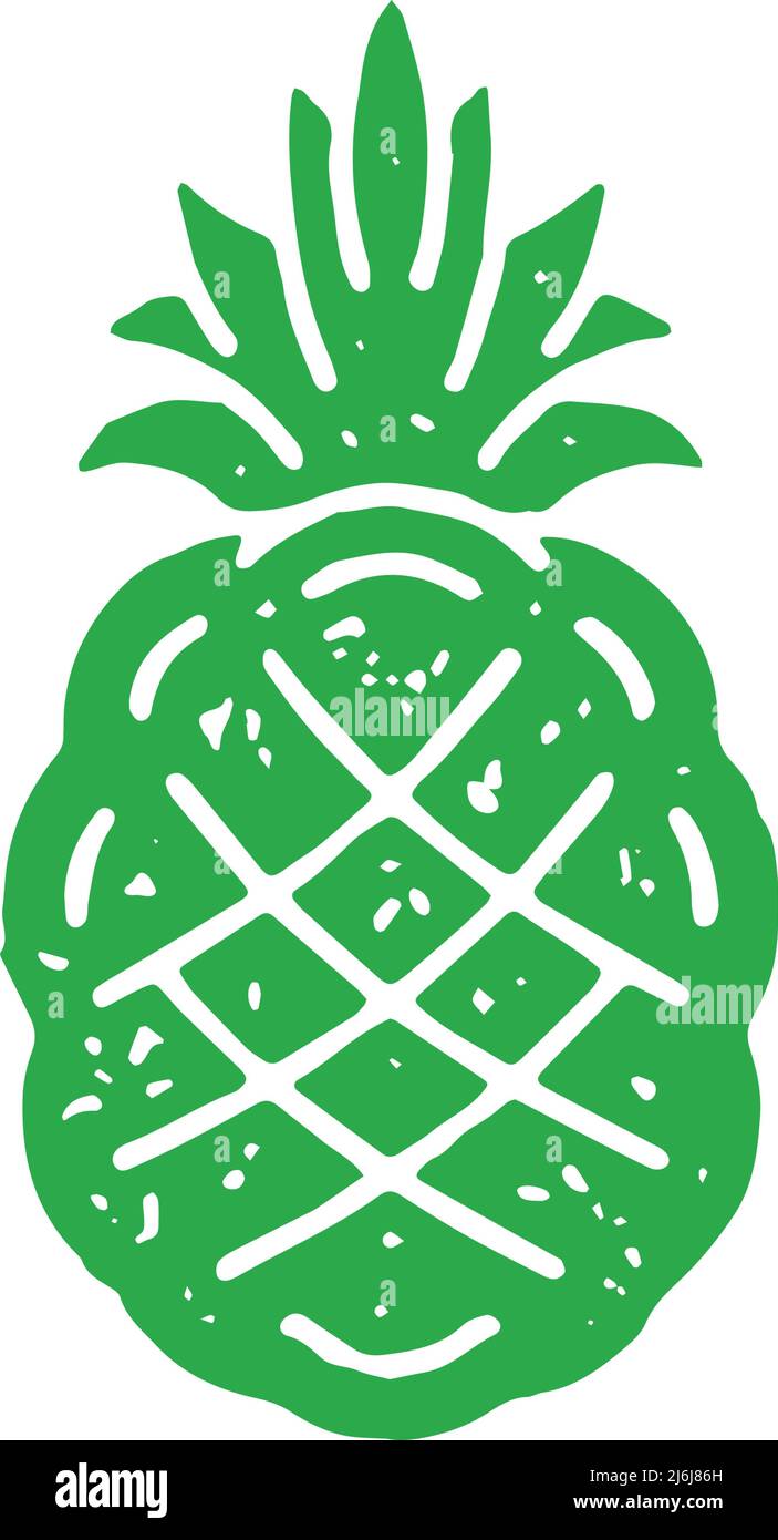 Hand drawn ornamental pineapple with peel and leaves green grunge ...