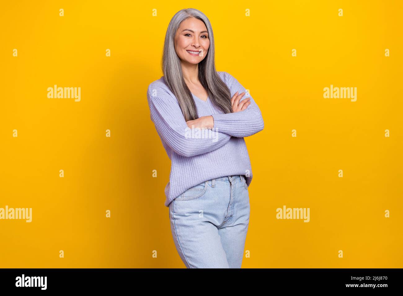 Photo of charming mature skilled business lady with folded arms own ...