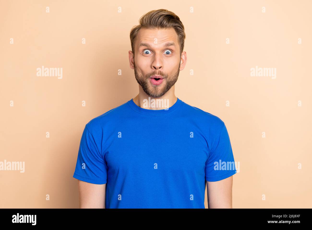 Portrait of impressed satisfied person pouted lips stare speechless ...