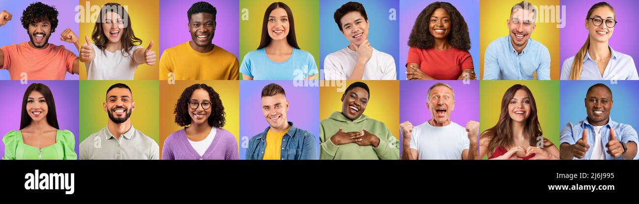 Collection of happy multicultural people photos on studio backgrounds ...