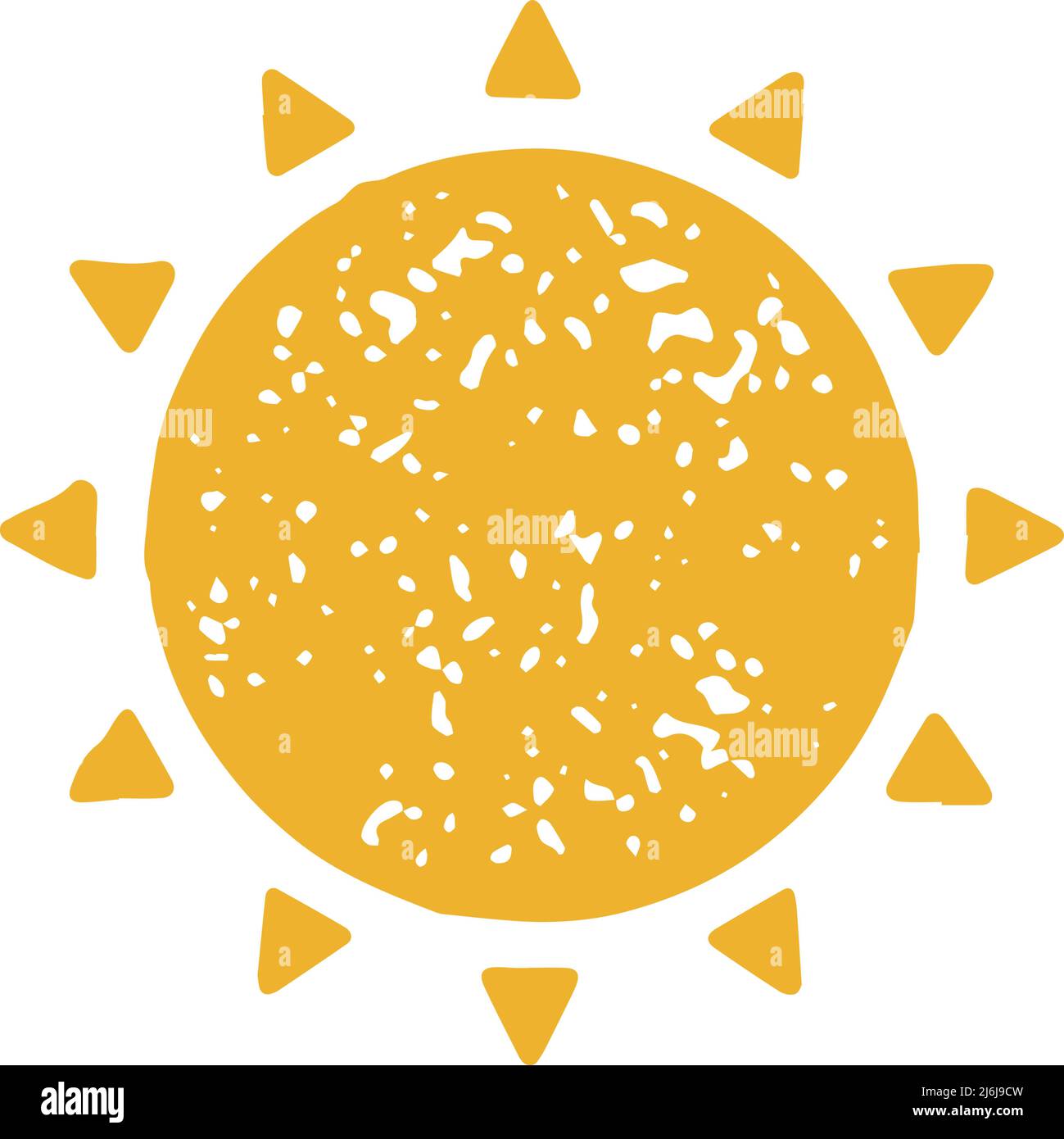 Cute big yellow decorative round sun with triangle beams hand drawn ...