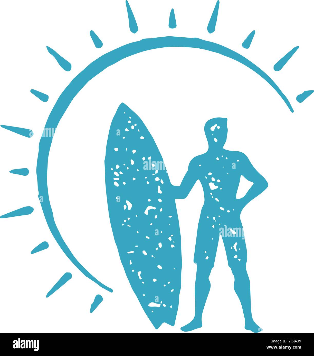 Male surfer standing surfboard at curved arch abstract sun with beams ...