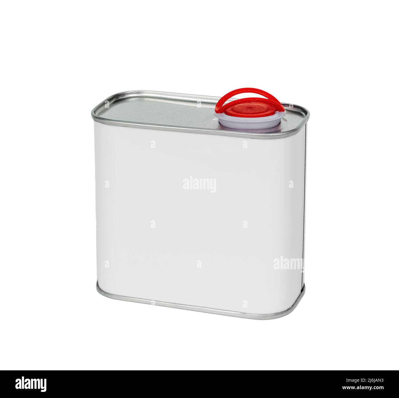 a rectangular white metallic motor oil can or paint can with a red cap ...