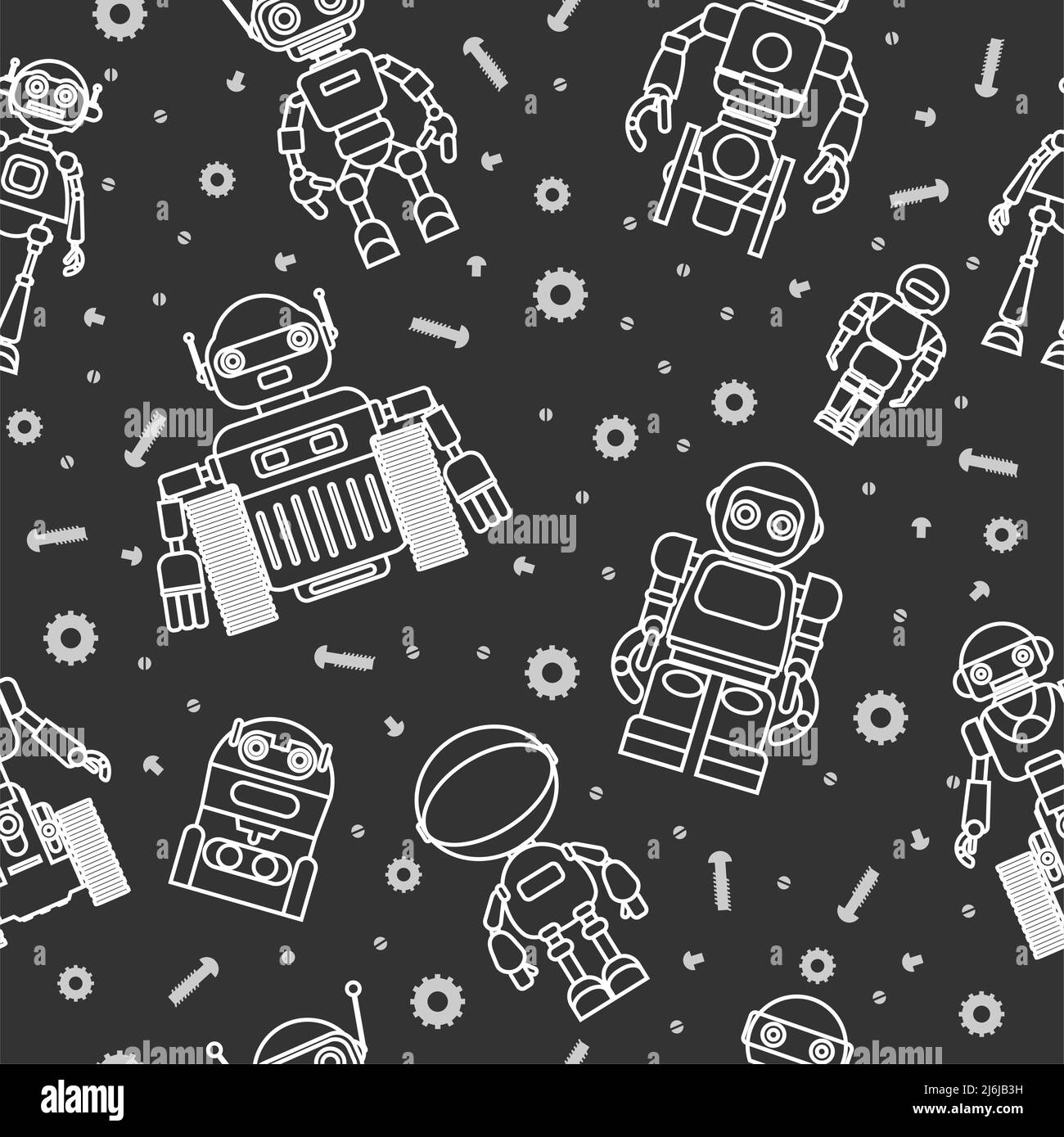 Pattern with various kinds of detailed robots and cogwheels isolated on ...