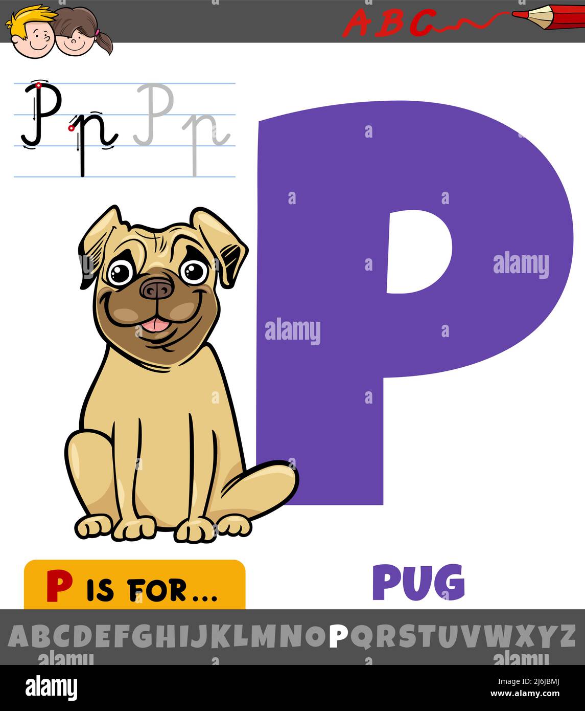 Educational cartoon illustration of letter P from alphabet with pug ...