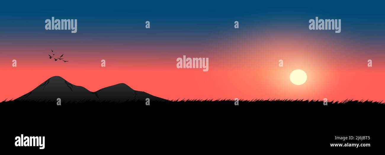 graphics drawing landscape view outdoor of sunset with grass on the ...