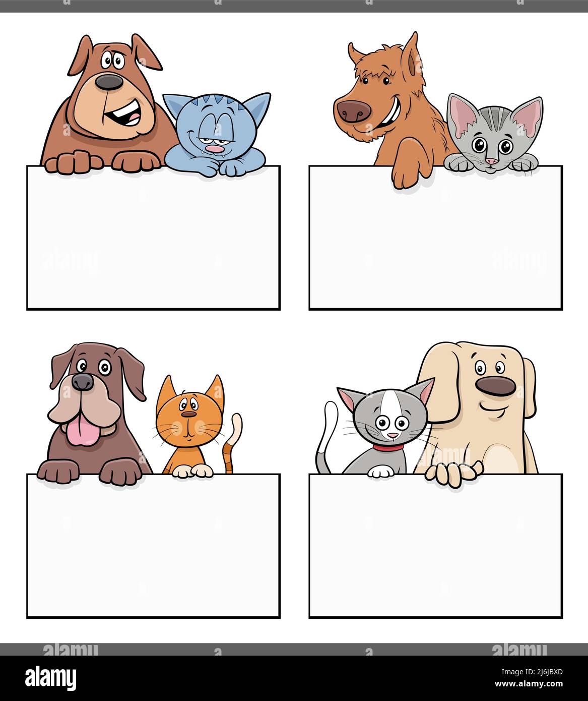 Cartoon illustration of dogs and cats with blank cards or board ...