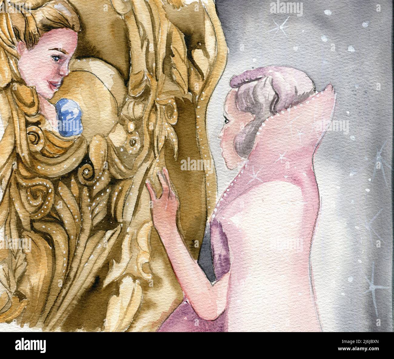 Cinderella in a carriage and her godmother are talking before the ball ...