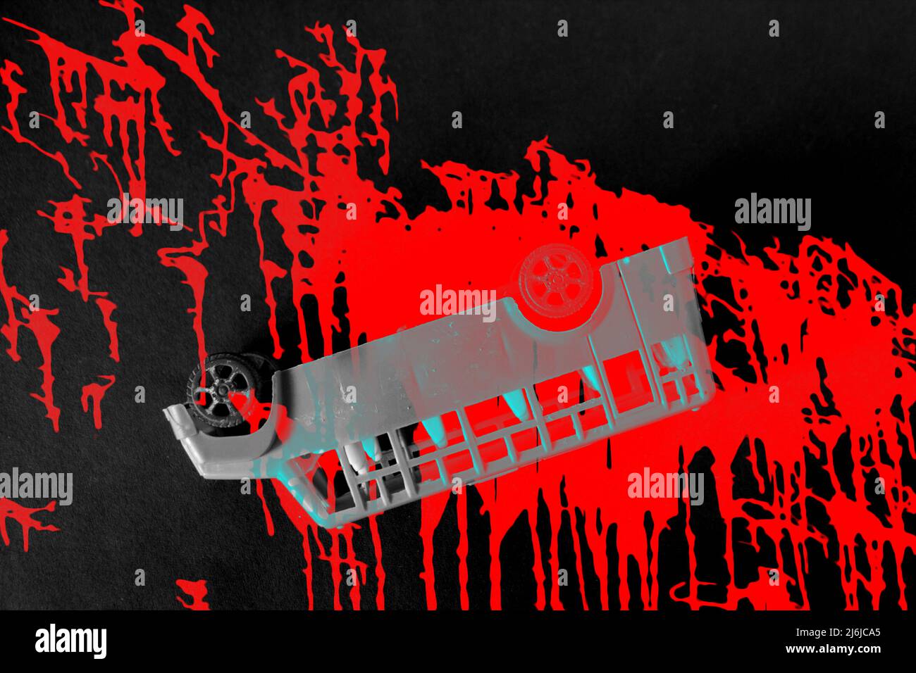 Accident with shcool bus concept. Toy bus upside down Stock Photo - Alamy