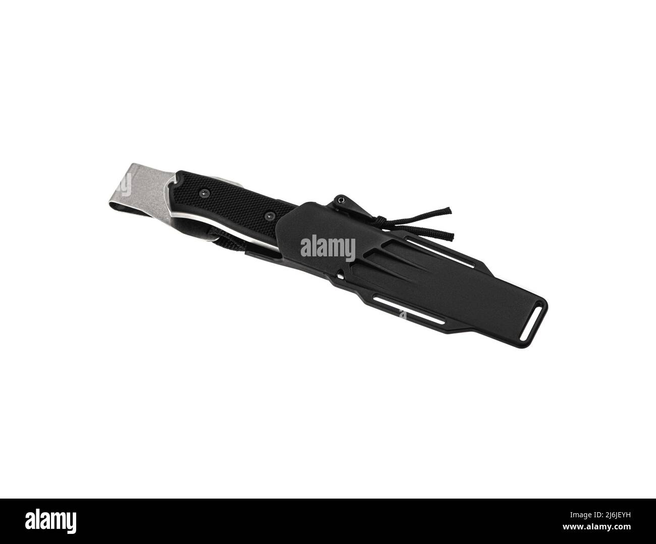 Modern hunting knife with silver blade and rubber handle. Steel arms ...
