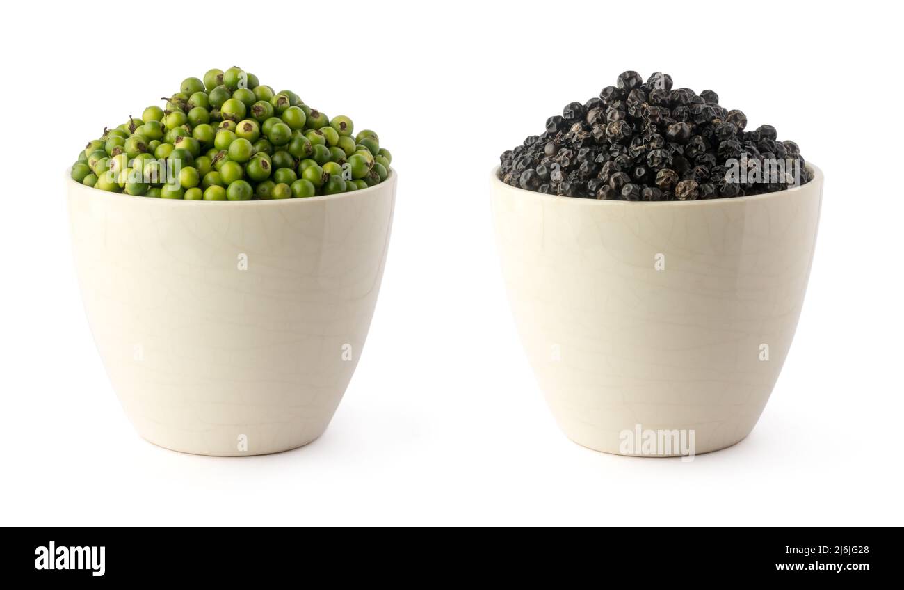 green raw and dried black peppercorns, spicy and seasoning ingredient ...
