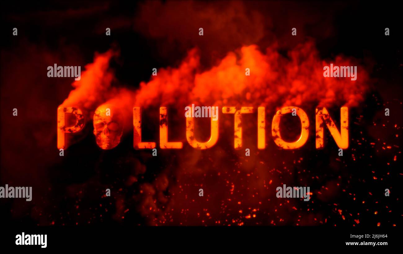 Text pollution with scary man skull on burning backdrop - industrial 3D ...