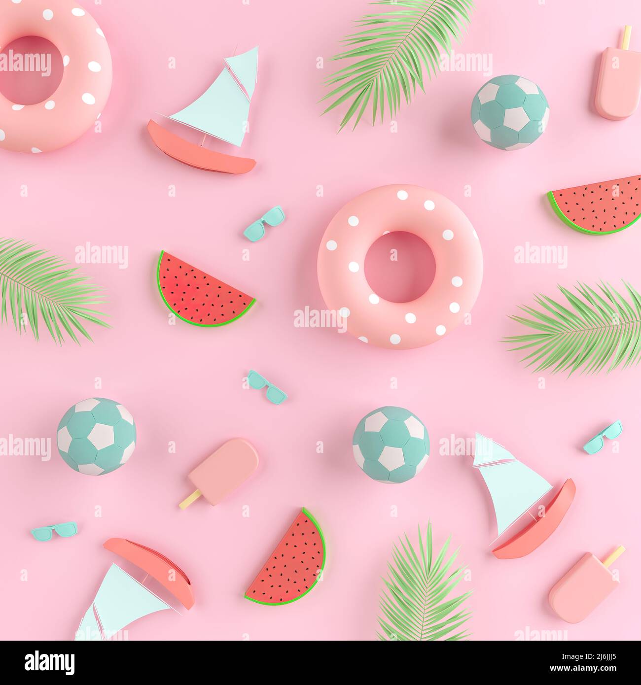 Creative Summer beach party concept on pastel pink background. 3D ...