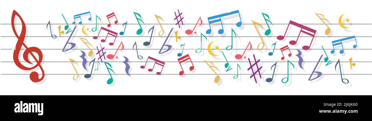 Musical staff with massed colored notes. The chaos of music, out of ...