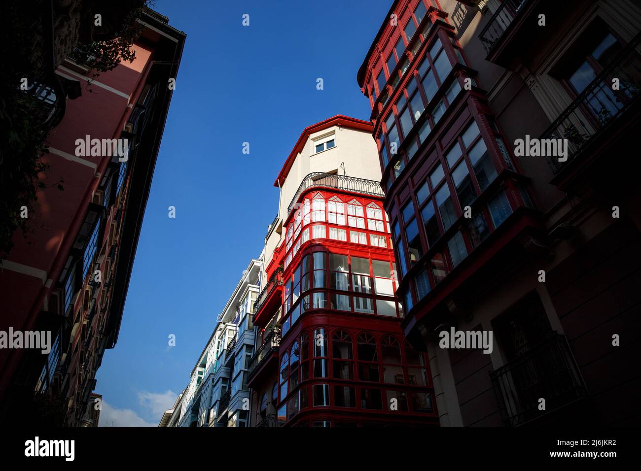 Modern balconies on buildings facades in Bilbao, Basque Country, Spain ...