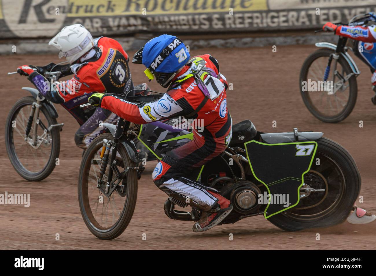 MANCHESTER, UK. MAY 2ND Tom Brennan (Blue) chases Ulrich Ostergaard ...