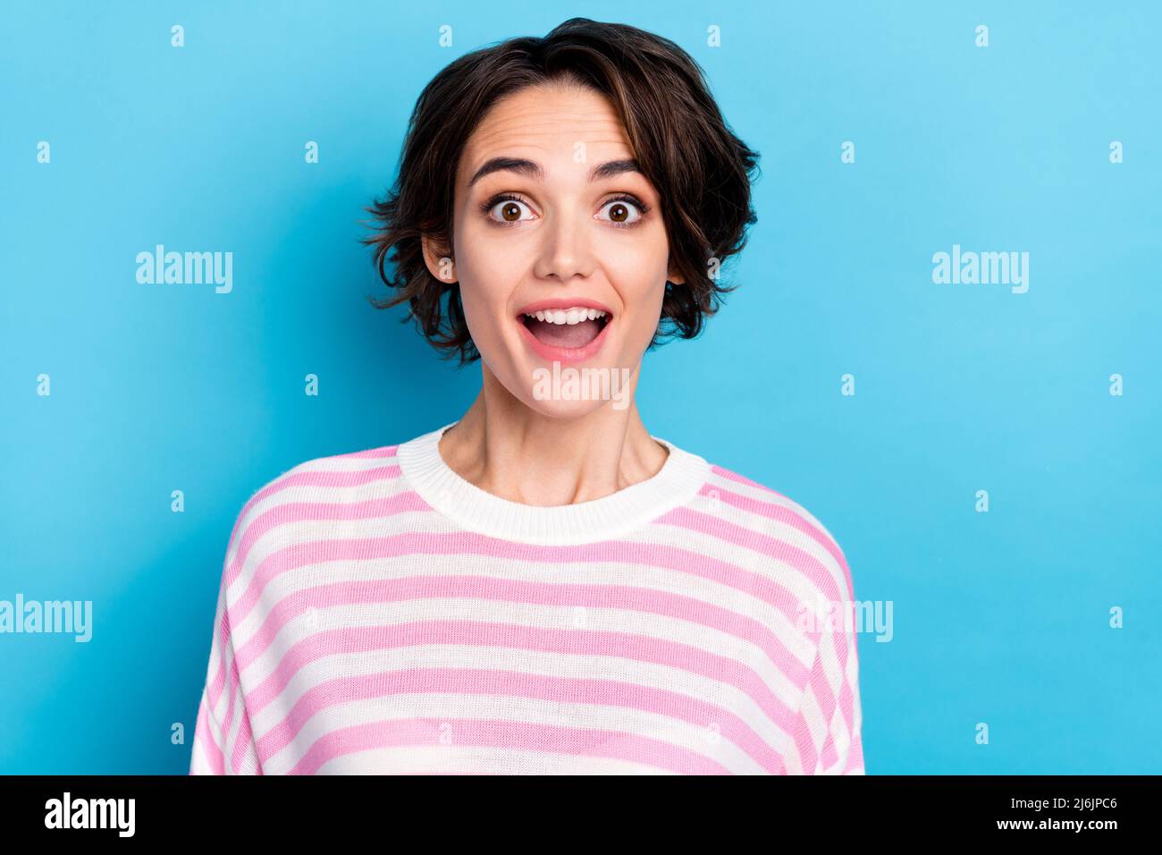 Photo of cheerful impressed young woman open mouth hear good positive ...