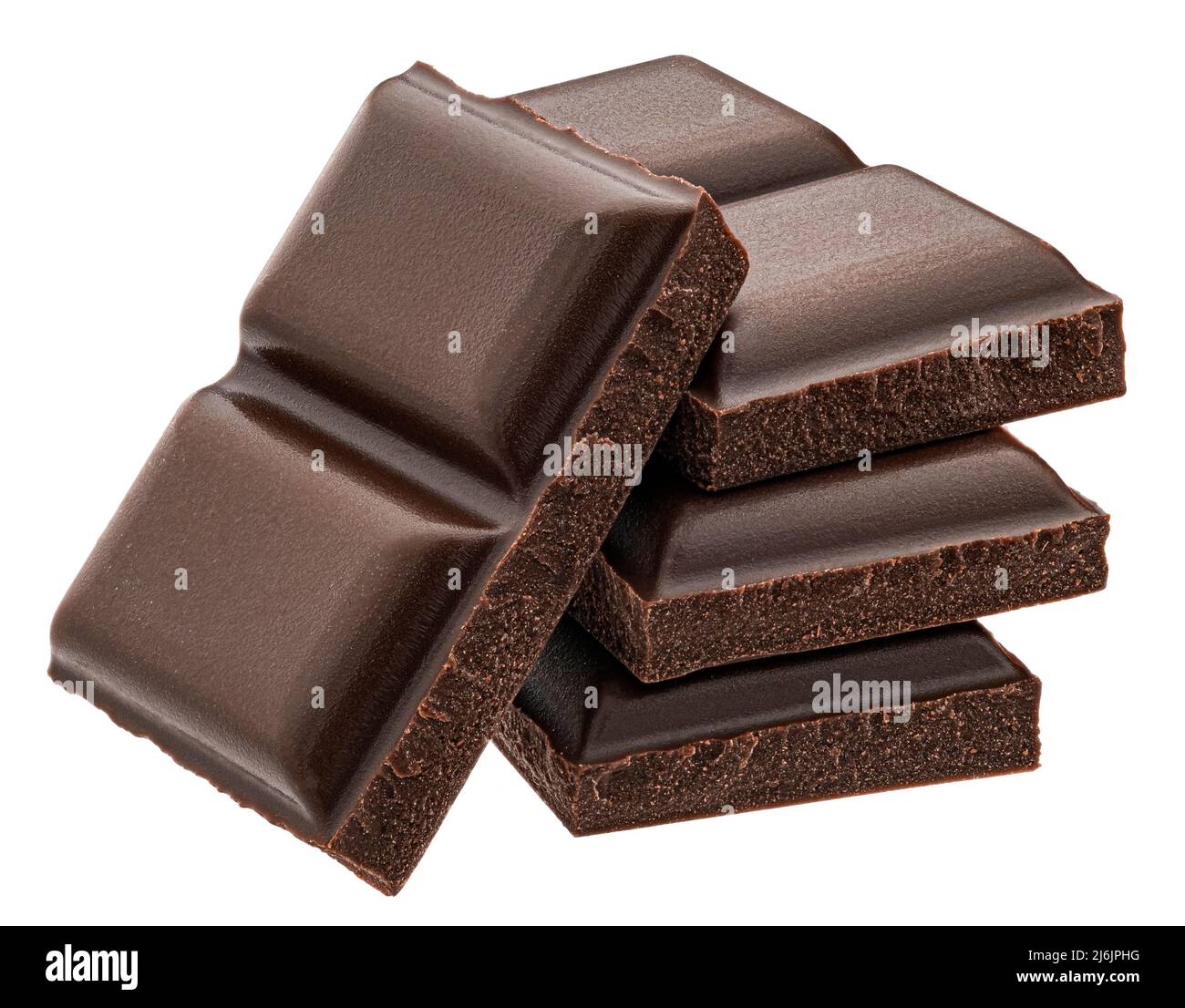 Chocolate pieces stack isolated on white background, full depth of ...