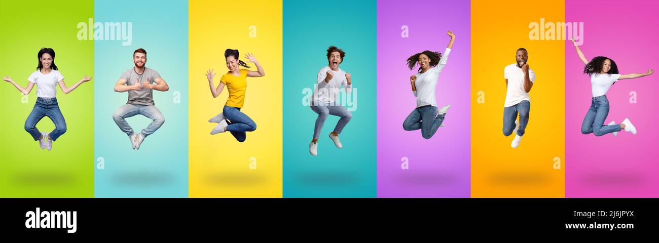 Joyful diverse group jumping up on colorful backgrounds, collage Stock ...