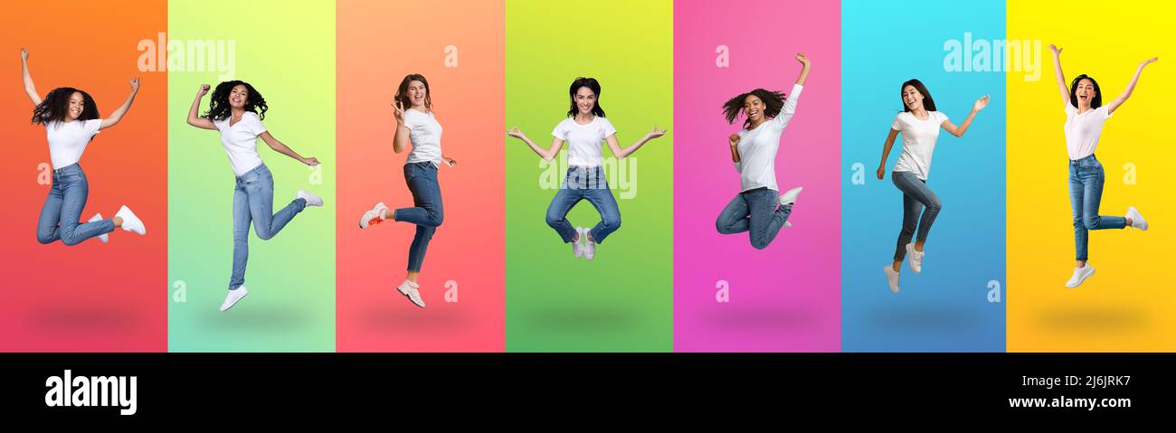 Joyful young women jumping up on colorful backgrounds, collage Stock ...