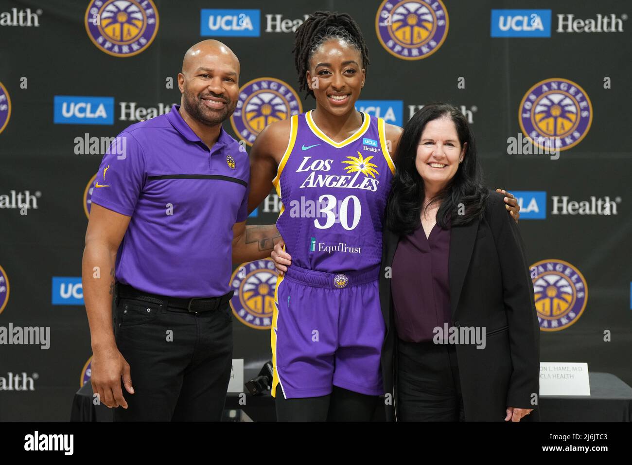 Los Angeles Sparks coach Derek Fisher (left), forward Nneka Ogwumike ...
