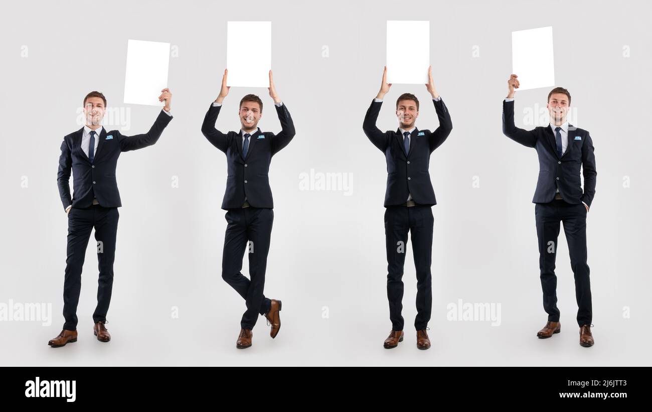 Happy man holding blank white advertising billboard at studio, collage ...