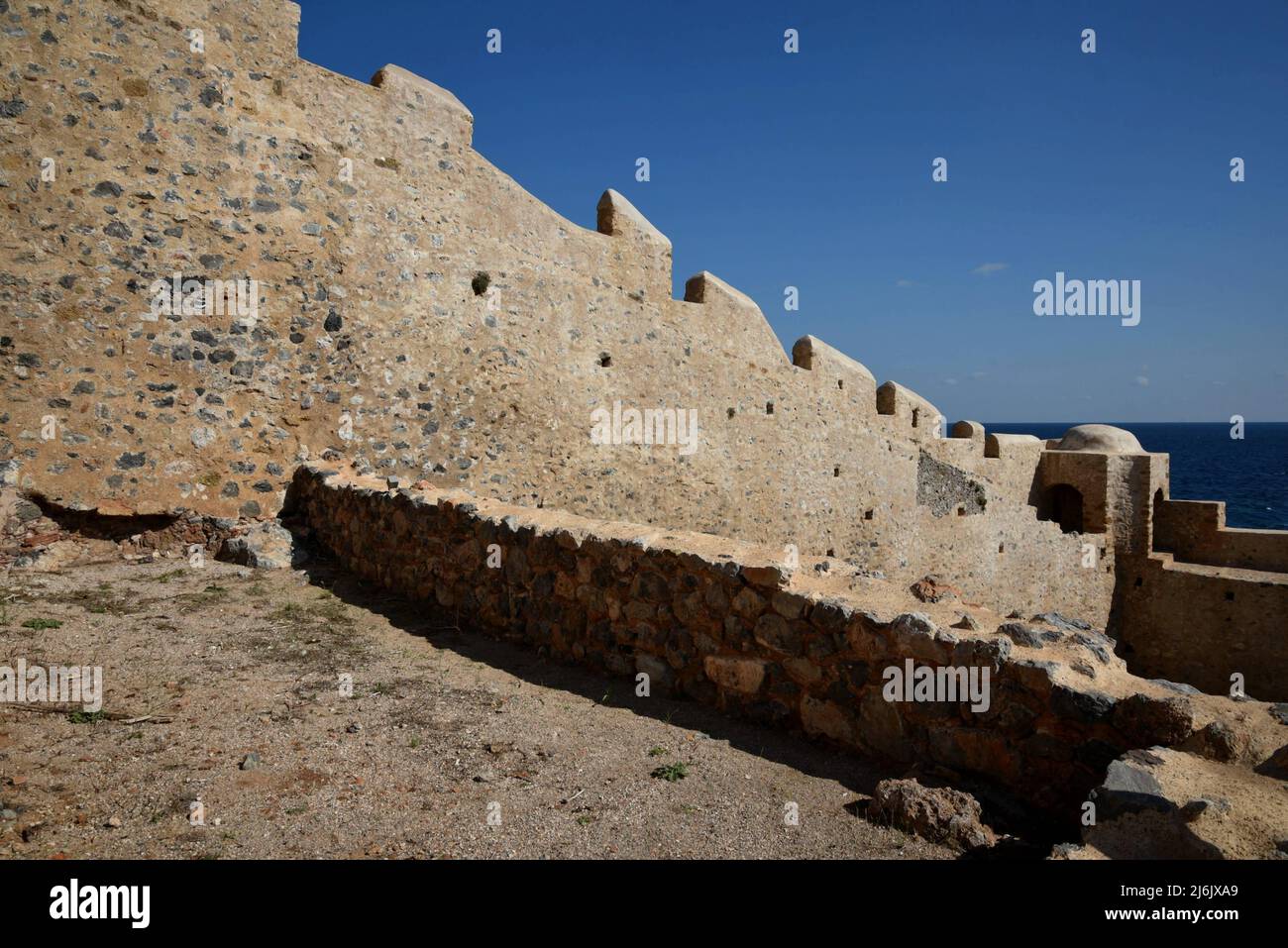 Ancient fortifications in the historic town of Monemvasia in Laconia ...
