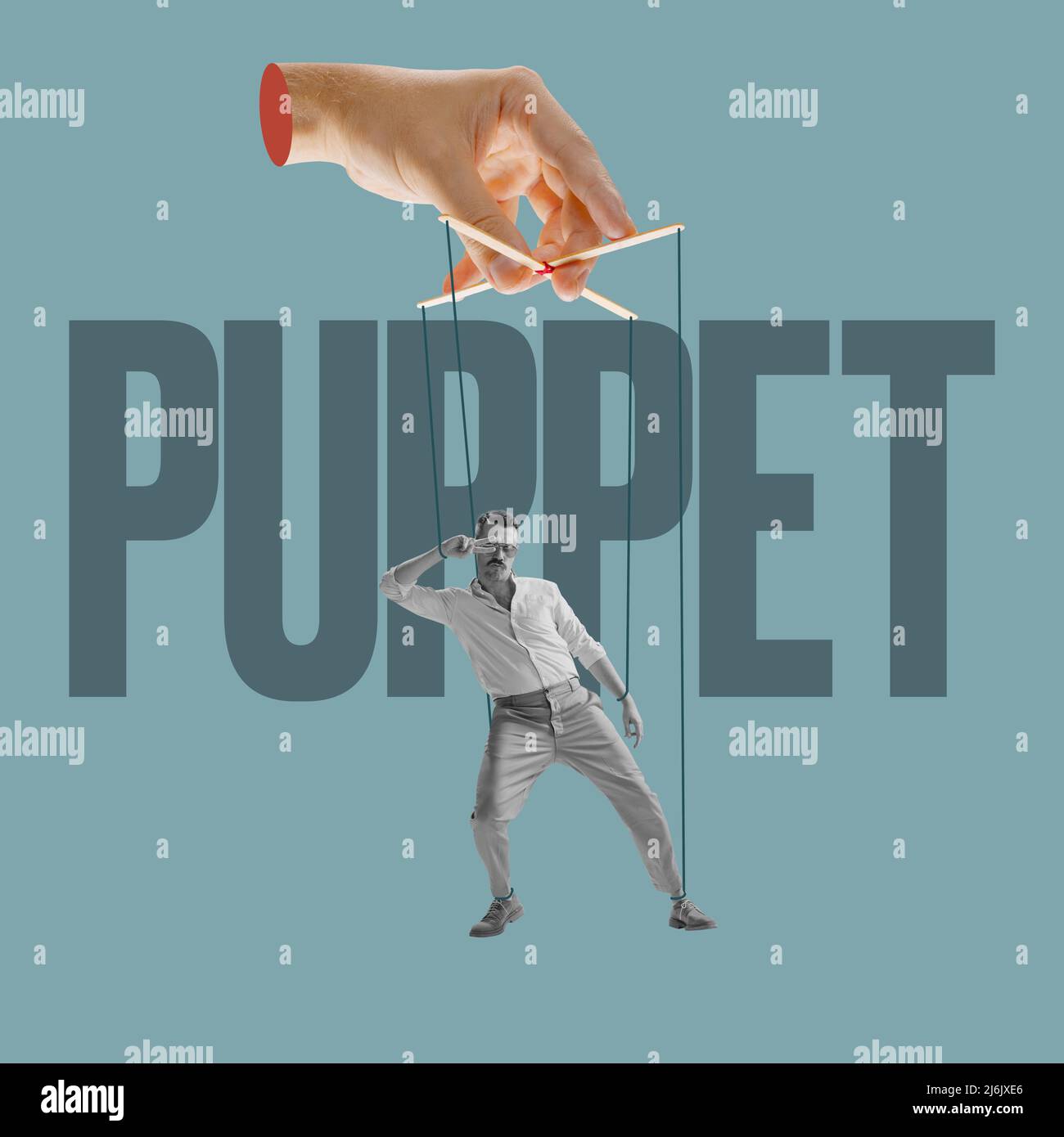 Contemporary art collage. Female hand controlling man with strings like ...