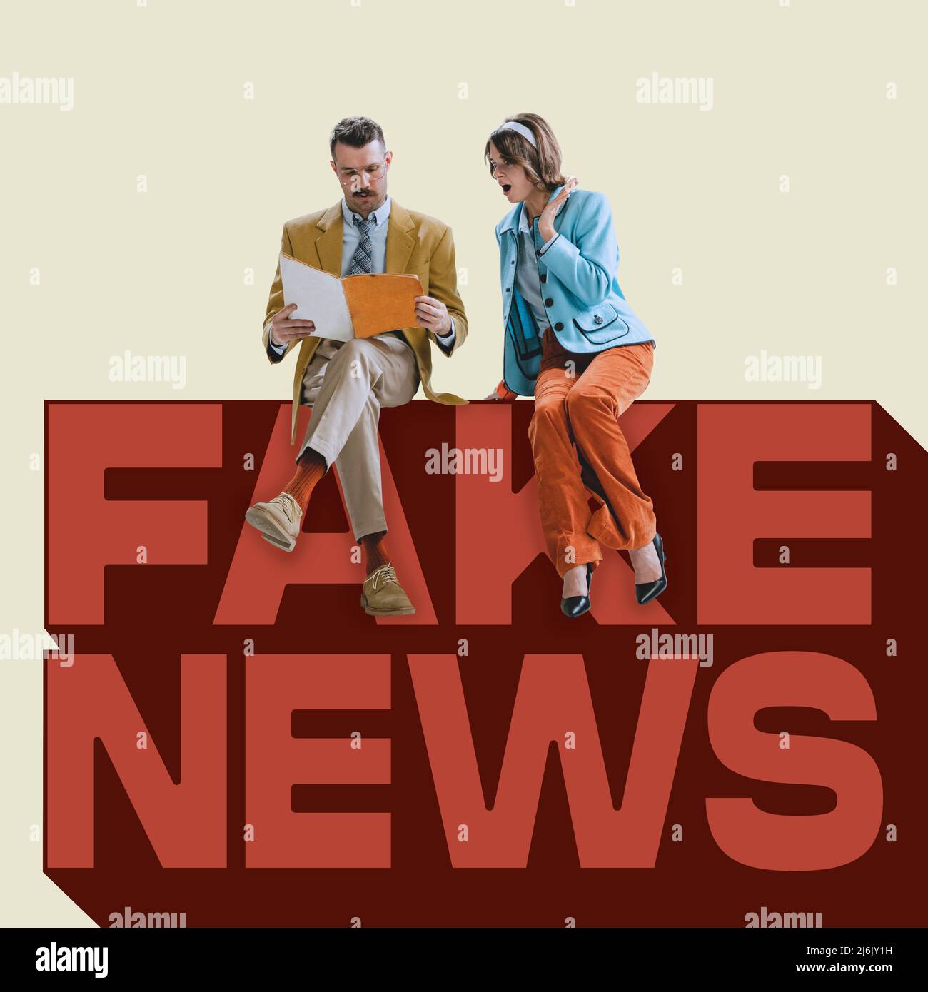 Contemporary art collage. Young man and woman reading fake news on ...