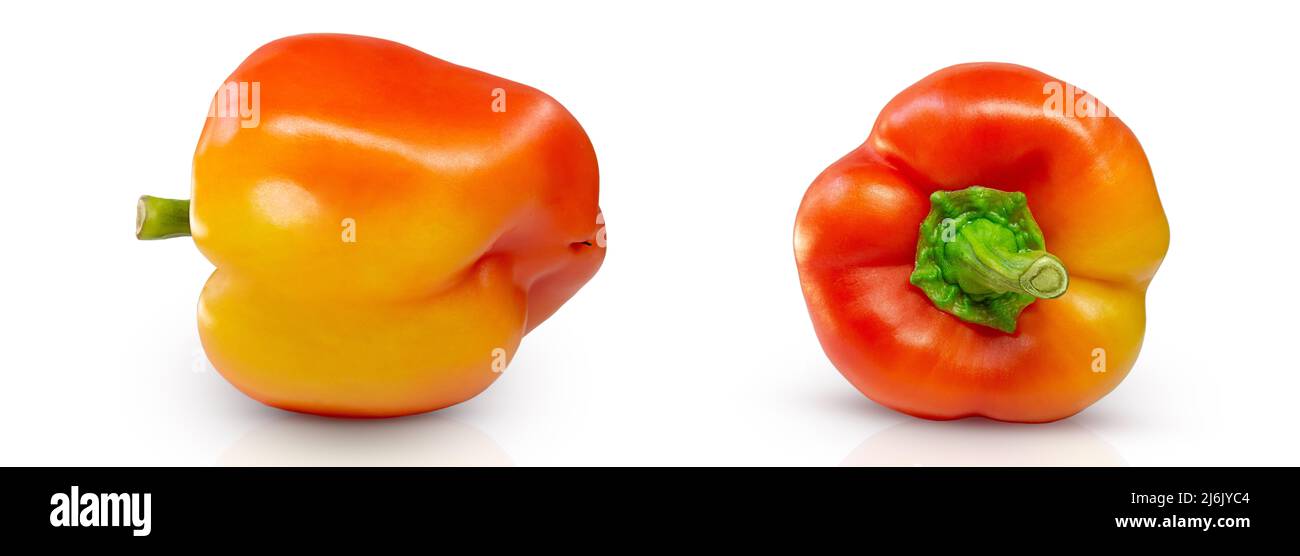 Big yellow-red bell pepper on white isolated background. Top and back ...