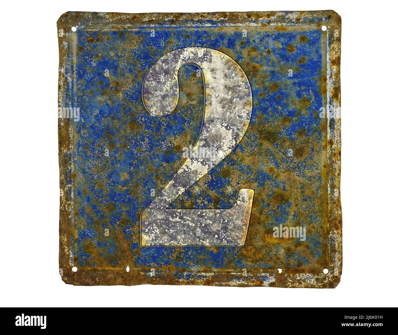 old and rusty domestic code plate made from sheet of iron with number 2 ...