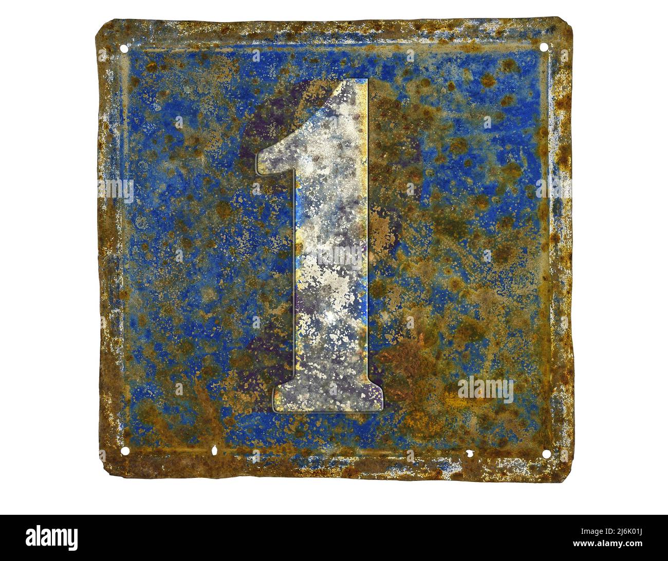 old and rusty domestic code plate made from sheet of iron with number 1 ...