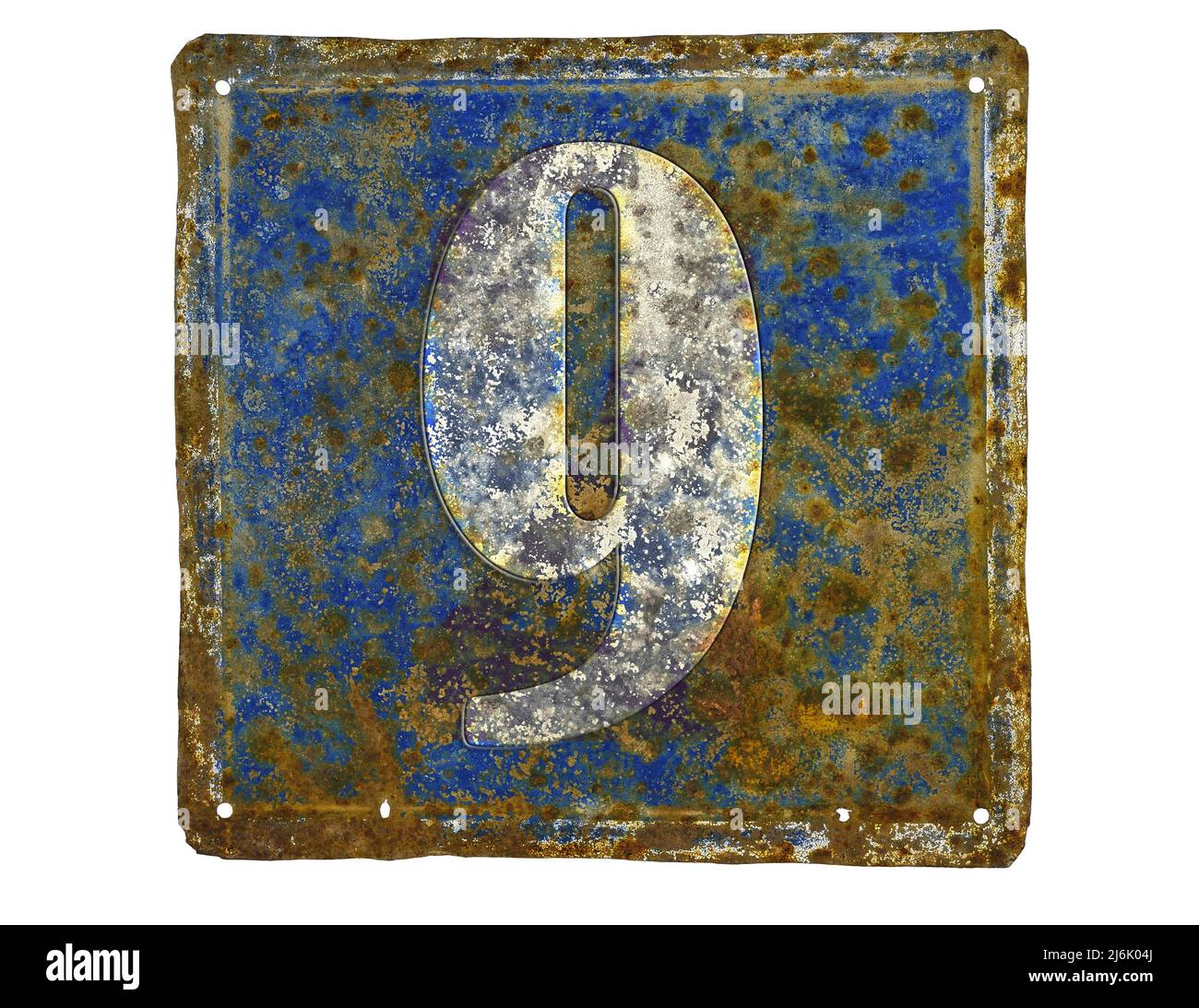 old and rusty domestic code plate made from sheet of iron with number 9 ...