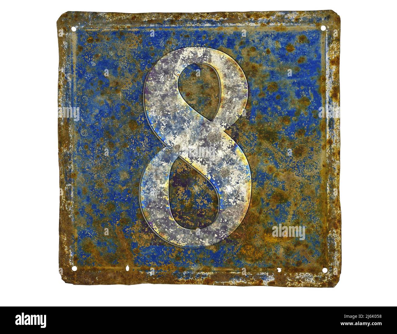 old and rusty domestic code plate made from sheet of iron with number 8 ...