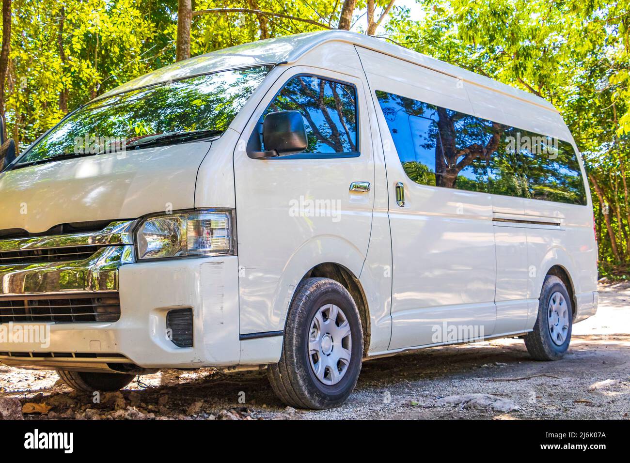White van car taxi in tropical mexican jungle plants trees and natural ...