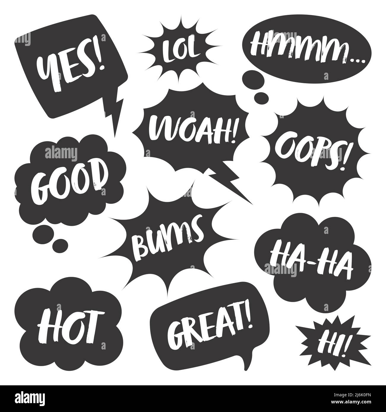 Black comic speech bubbles with handwritten text isolated on white ...