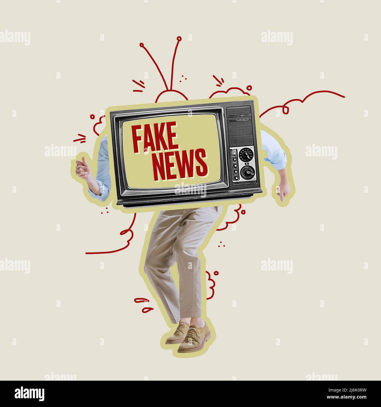 Contemporary art collage. Man with retro TV set head dancing, spreading ...