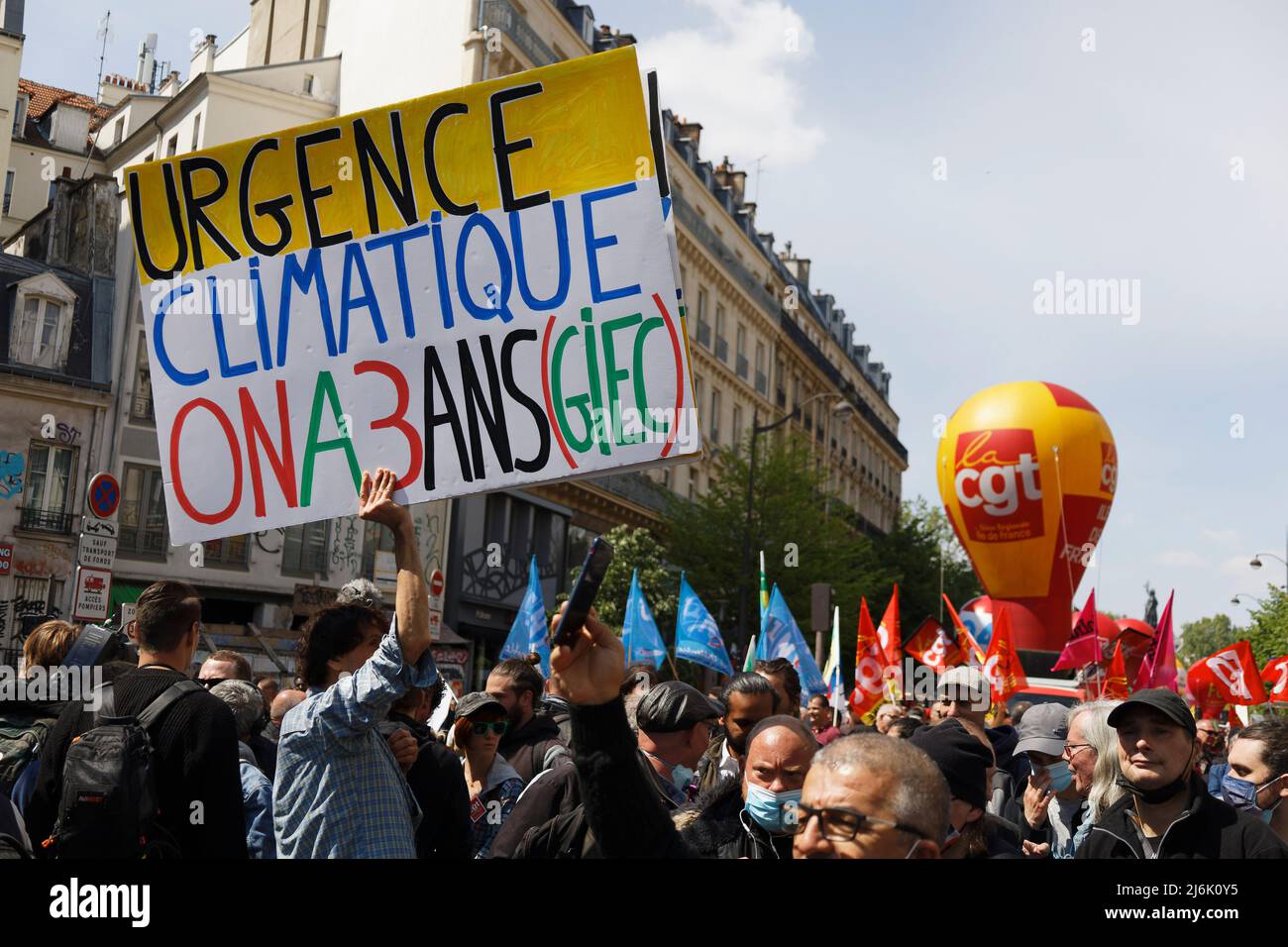 Paris, France. 1st May, 2022. Protesters march during the May Day 2022 ...