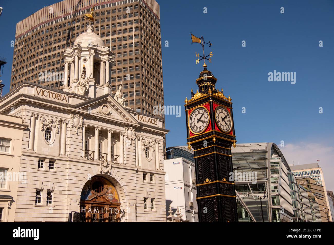Westminster, London- Glass office buildings and Little Ben clock on ...