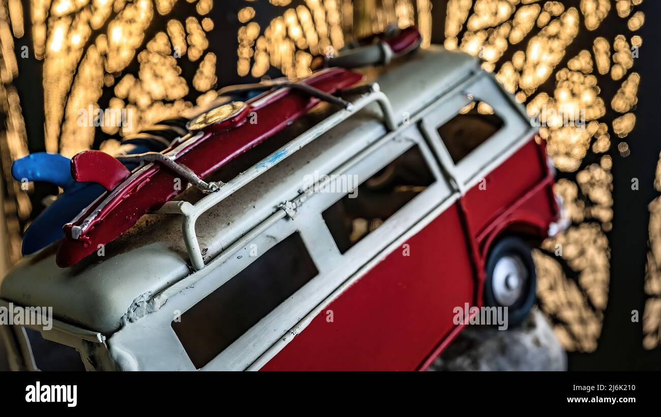 Van with surfboards traveling through the forest. Adventure concept ...