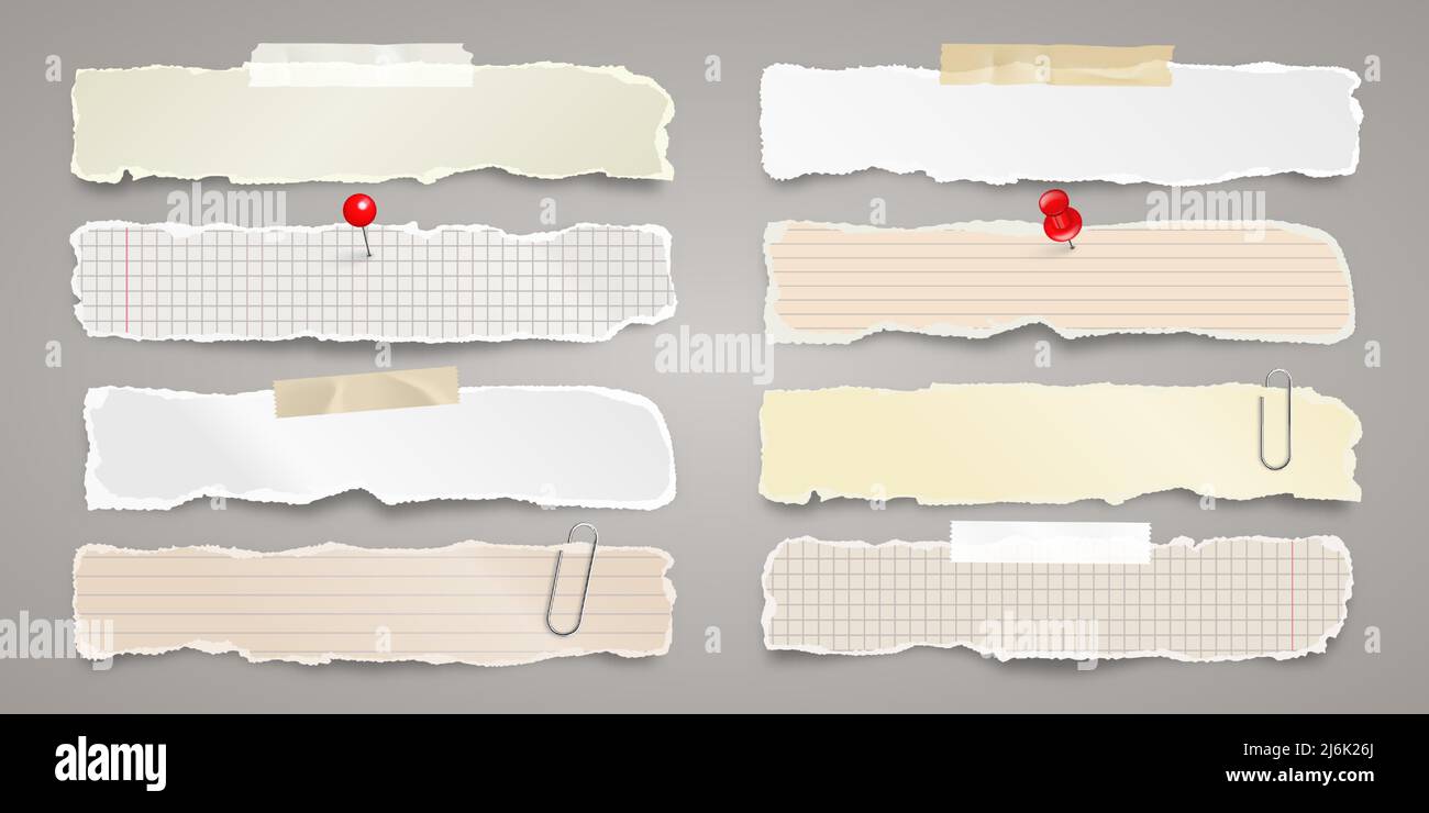 Long ripped paper strips with adhesive tape. Realistic crumpled paper ...